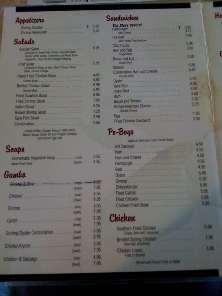 Menu at Palace Cafe, Opelousas