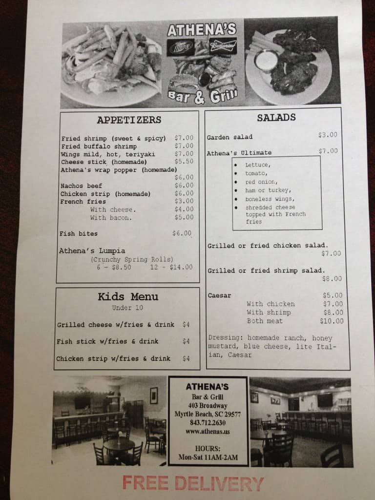 Menu at Athena's Filipino & American Cuisine restaurant, Myrtle Beach ...