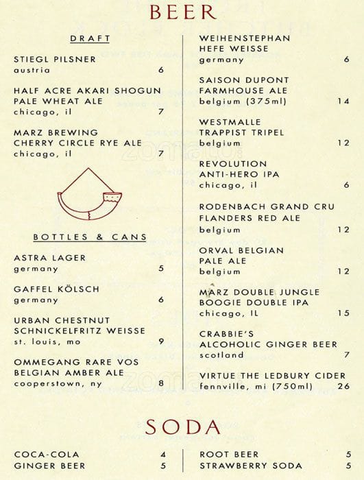 Menu at Cherry Circle Room restaurant, Chicago