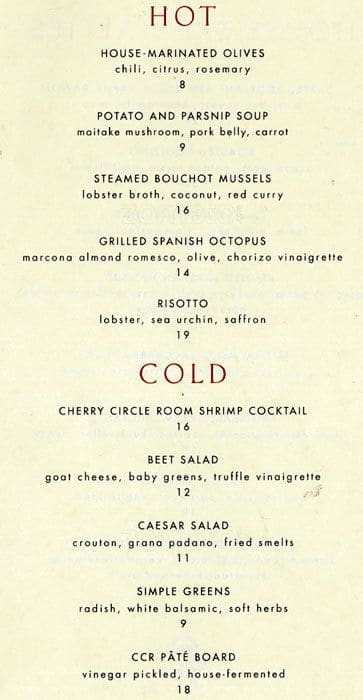 Menu at Cherry Circle Room restaurant, Chicago
