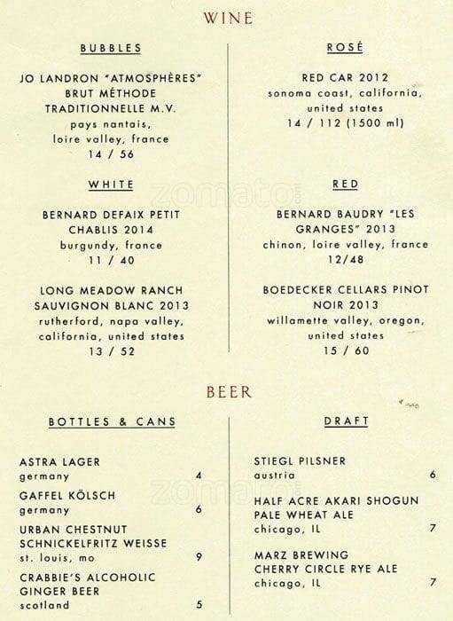 Menu at Cherry Circle Room restaurant, Chicago