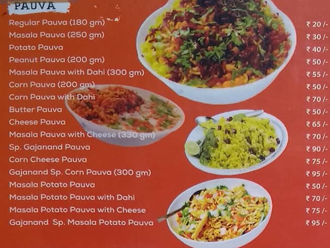 Menu at Gajanand pauva house, Ahmedabad, 3