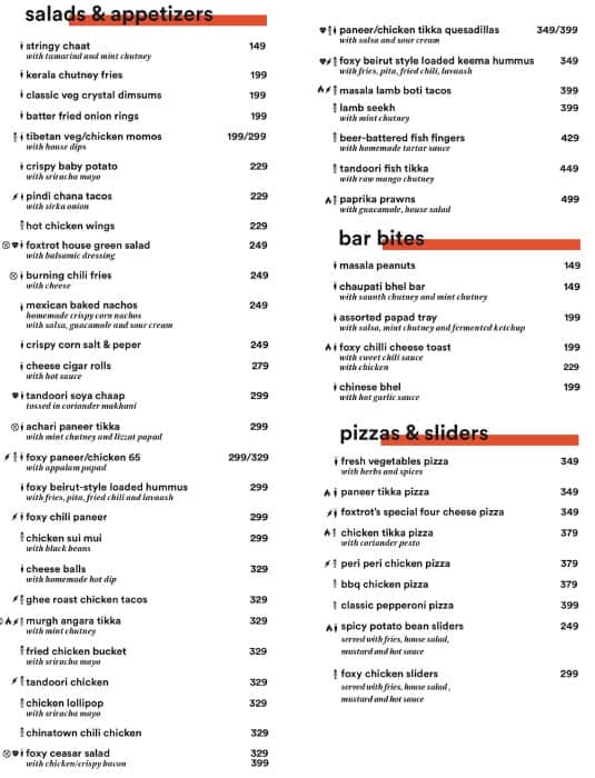 Menu at Foxtrot, Dehradun
