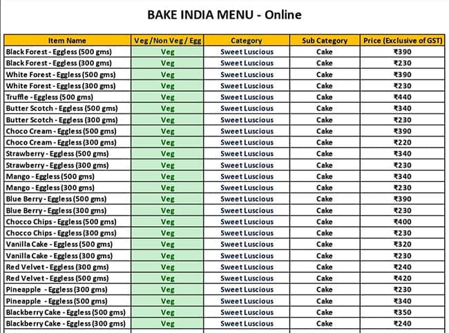 Menu of Bake India, Barrackpore, Kolkata