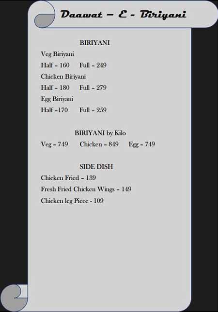Menu of Daawat-E-Biriyani, Wadgaon Sheri, Pune
