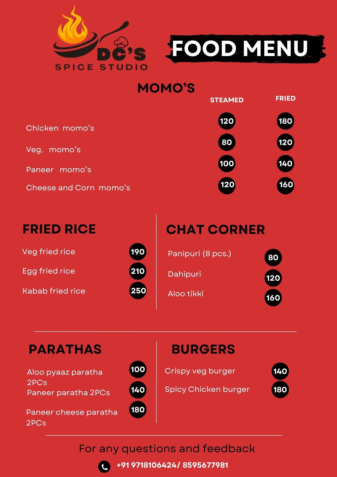 Menu of DC's Spice Studio, Borivali East, Mumbai