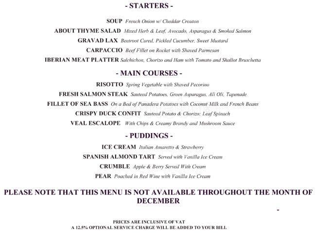 Menu at About Thyme Restaurant, London