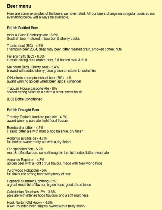 Menu at King Edward VII pub & bar, London