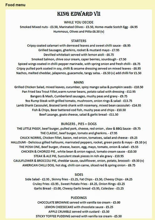 Menu at King Edward VII pub & bar, London
