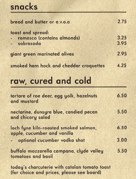 Menu at Ox and Finch restaurant, Glasgow, 920 Sauchiehall St