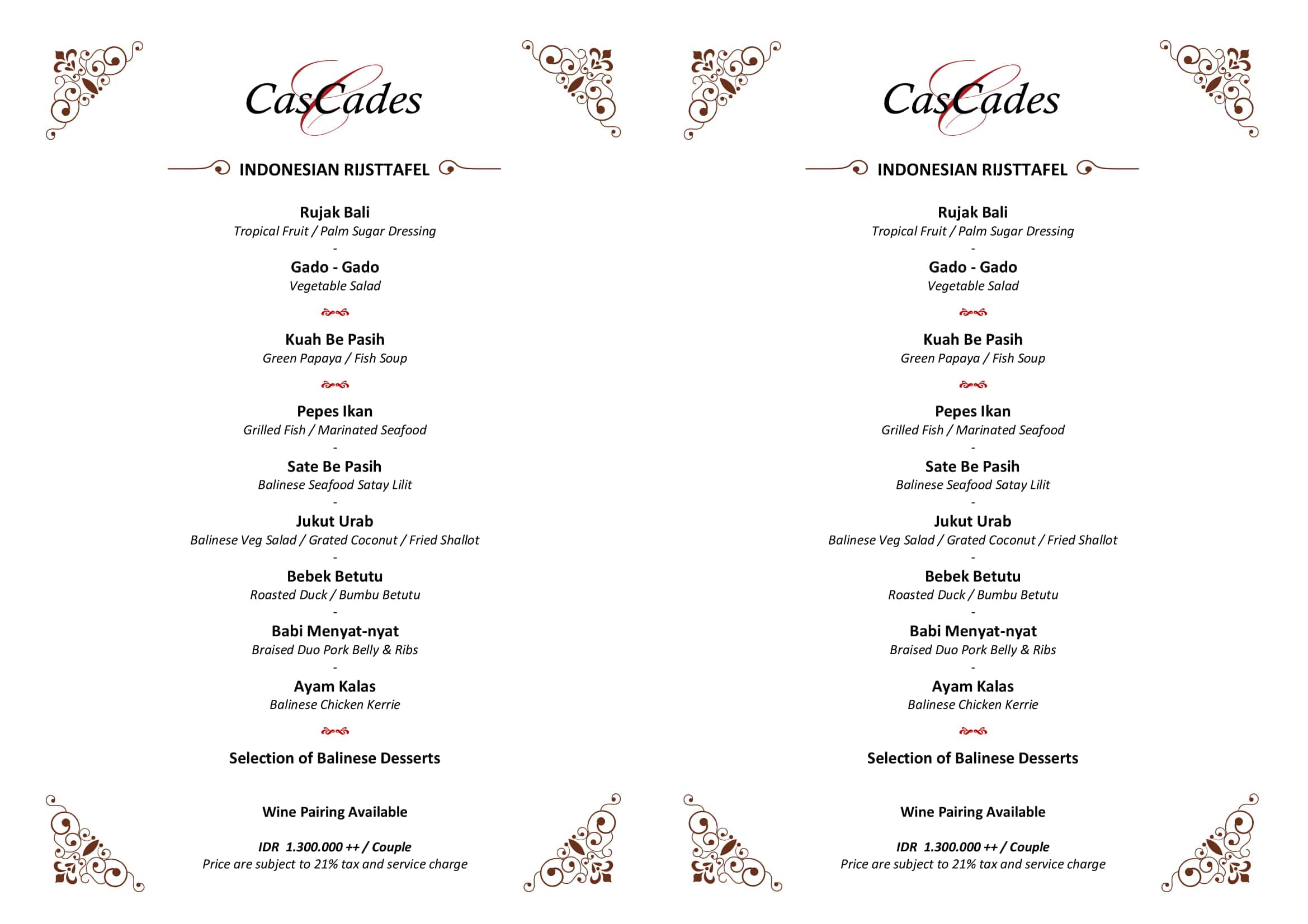 Menu at Cascades Restaurant, Ubud