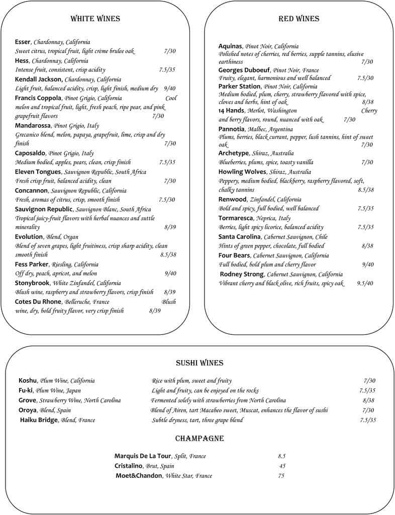 Menu at Shiki Sushi restaurant, Durham