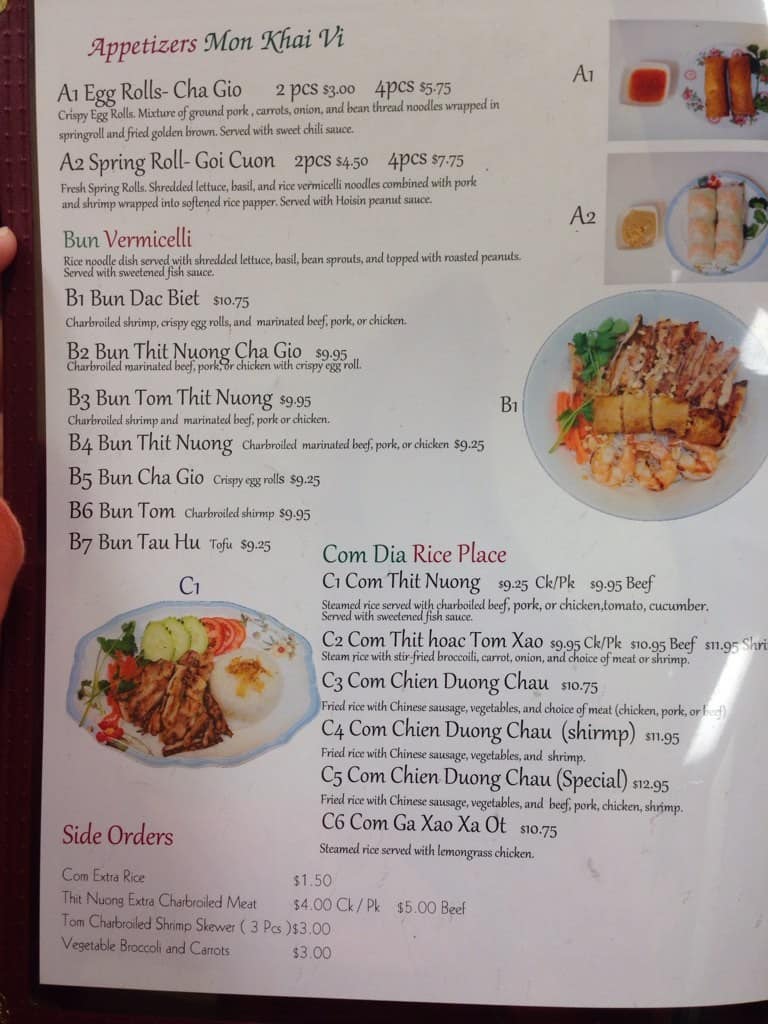 Menu at VN Pho restaurant, Wenatchee
