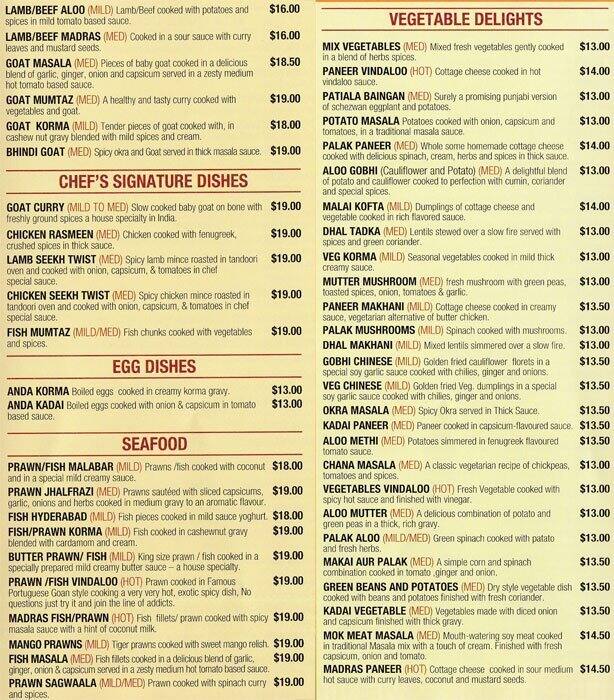Menu at Indian Twist restaurant, Ascot
