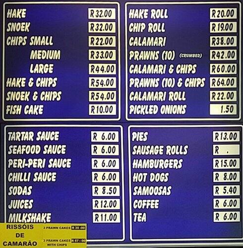 Menu at Fish Hoek Fisheries restaurant, Cape Town