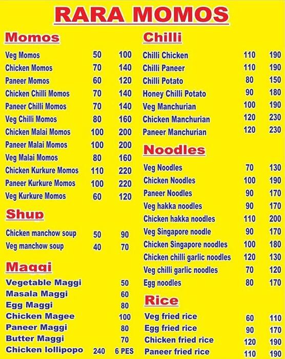 Menu of Rara Momos, Sainik Farms, New Delhi