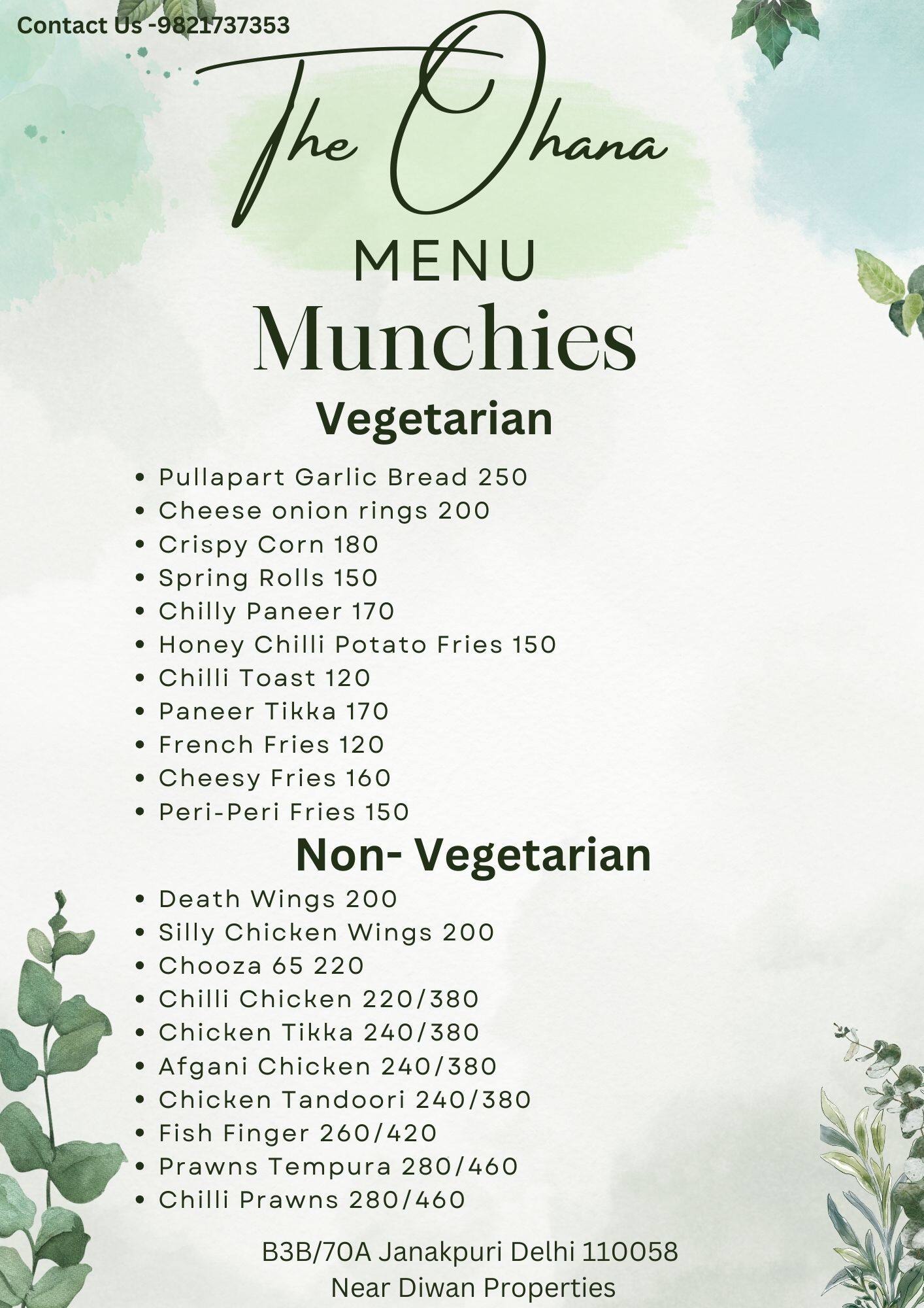 Menu of The Ohana, Janakpuri, New Delhi