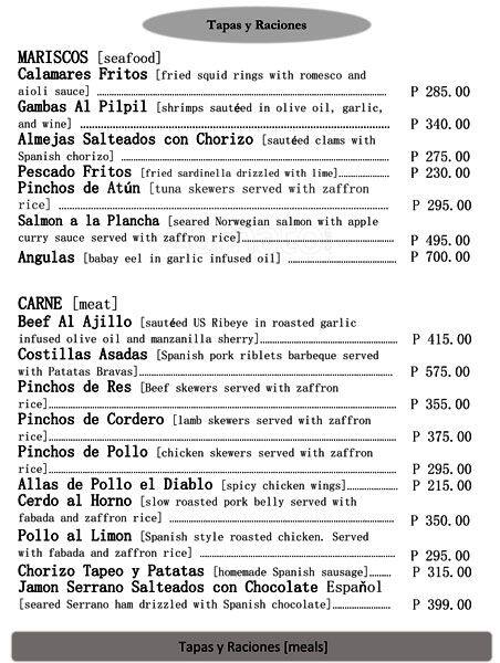 Menu at Tapeo pub & bar, Taguig, G/F