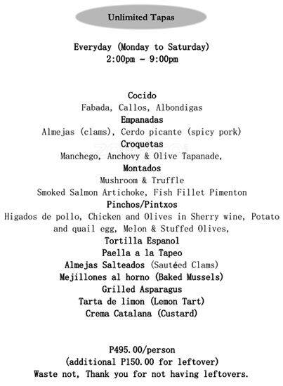 Menu at Tapeo pub & bar, Taguig, G/F