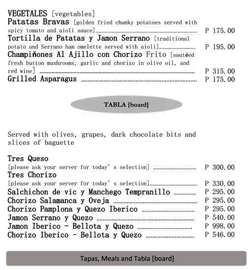 Menu at Tapeo pub & bar, Taguig, G/F