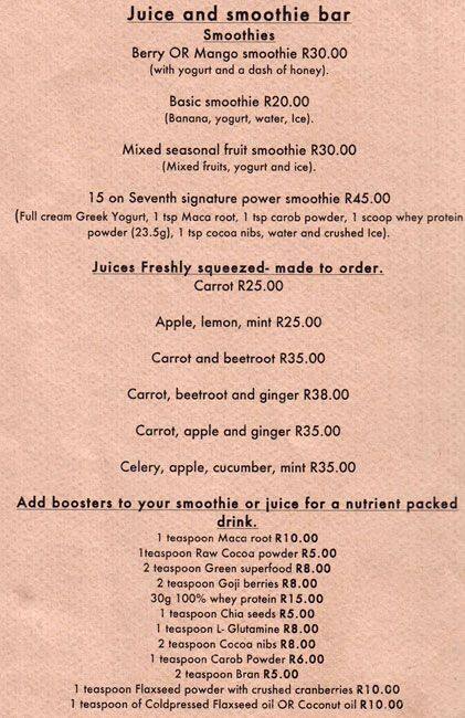 Menu at 15 on Seventh cafe, Johannesburg