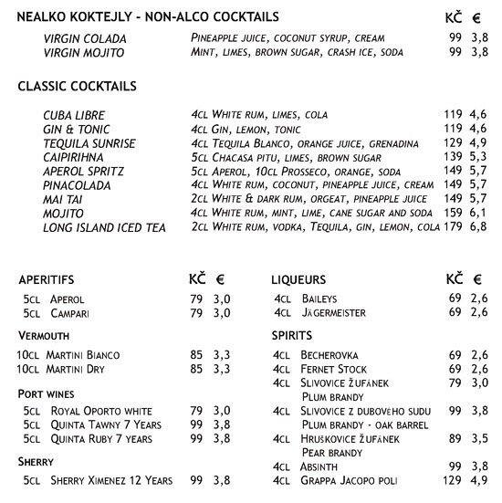 Menu at Charles Bridge Restaurant, Prague
