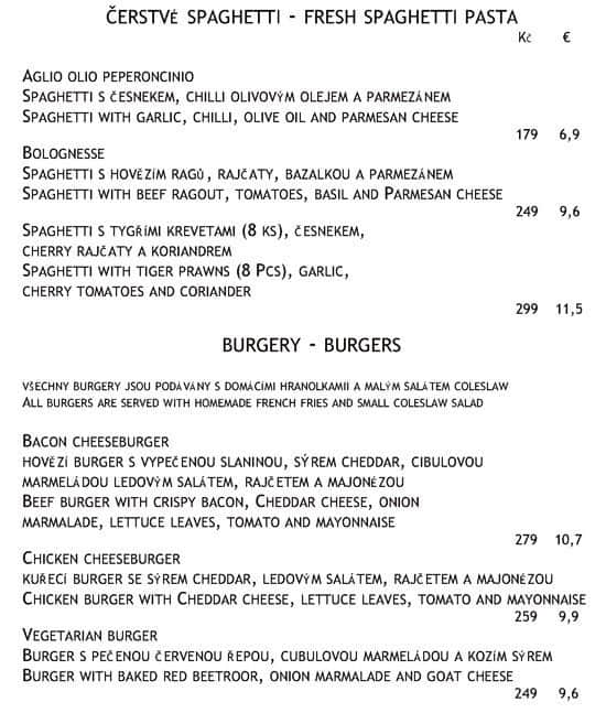 Menu at Charles Bridge Restaurant, Prague