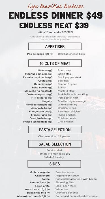Menu at Lapa Brazilian Barbecue Subiaco, Subiaco