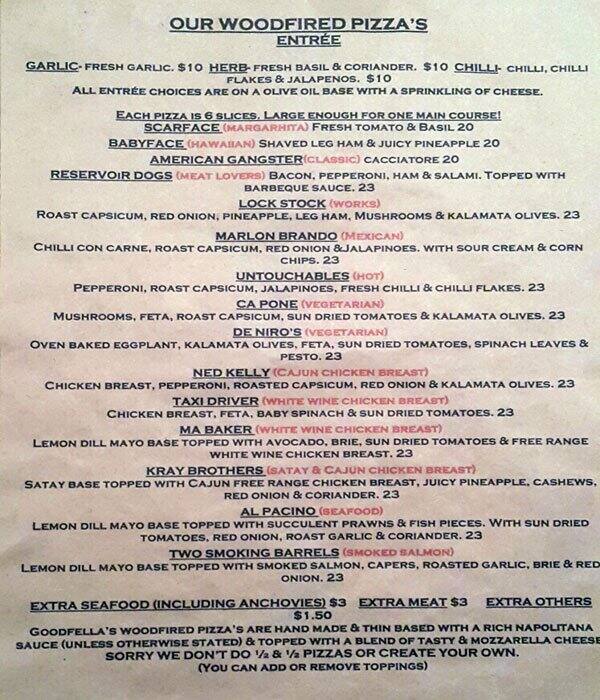 Menu at Goodfellas @ The Tuckshop pizzeria, Margaret River