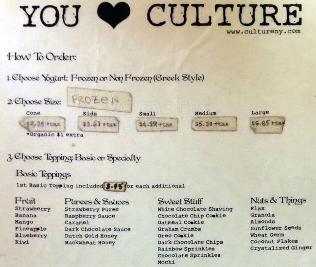 Menu at Culture cafe, New York City, 60 W 8th St