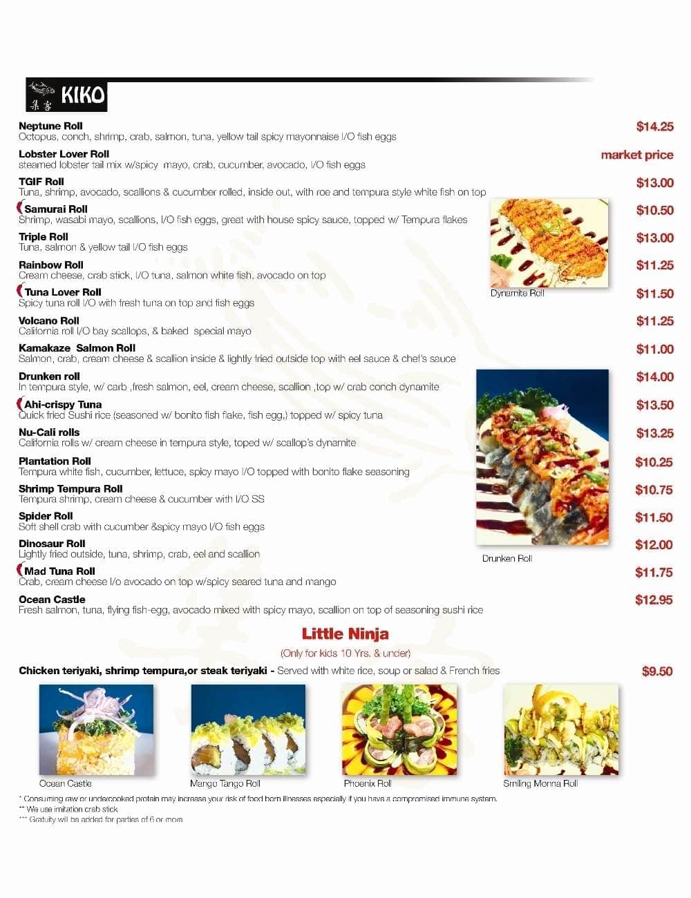 Menu at KIKO Japanese and Thai restaurant, sake bar, Plantation, 801 S ...