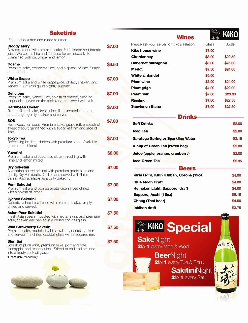 Menu at KIKO Japanese and Thai restaurant, sake bar, Plantation, 801 S ...