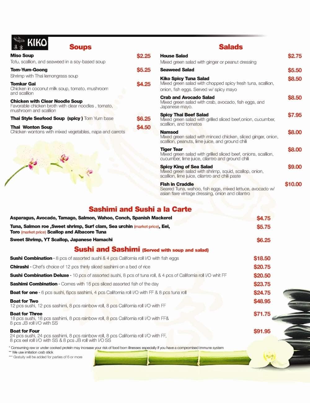 Menu at KIKO Japanese and Thai restaurant, sake bar, Plantation, 801 S ...