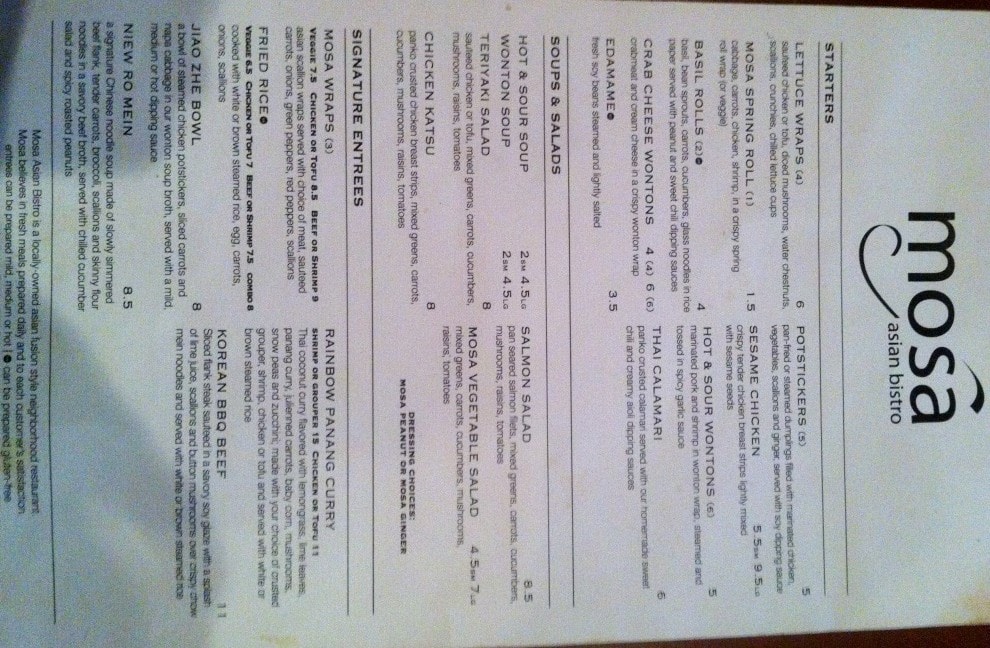 Menu at Mosa Asian Bistro restaurant, Memphis, 850 S White Station Rd