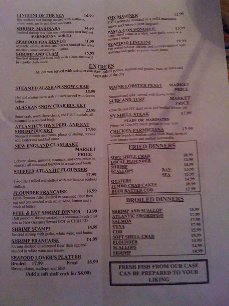 Menu at Atlantic Seafood restaurant, Center Moriches