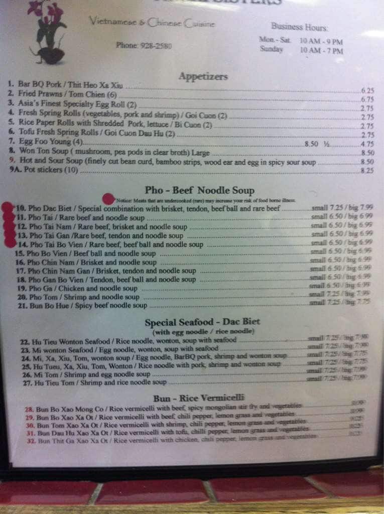 Menu at Three Sisters Restaurant, Spokane Valley, E Sprague Ave