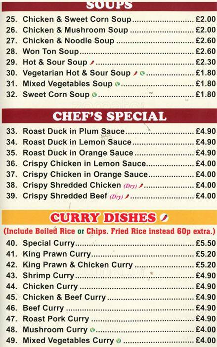 Menu at Golden Well restaurant, Salford