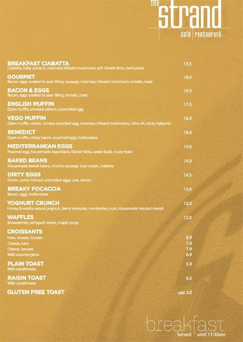 Menu at The Strand Cafe Restaurant, Glenelg