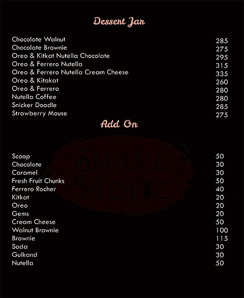 Menu at Shakeholic, Mumbai, Shop no 416