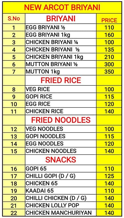Menu of New Arcot Biryani, Poonamalle, Chennai