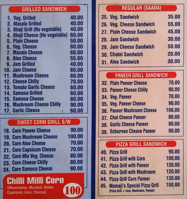 Menu of Mamaji's Grill And Pizza, Tardeo, Mumbai