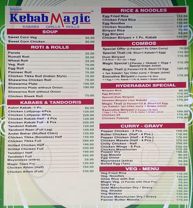 Menu of Kabab Manor, RT Nagar, Bangalore