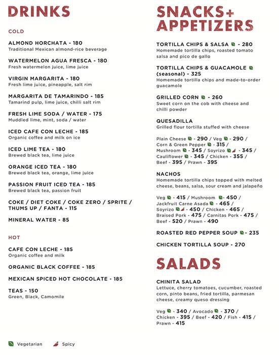 Menu of Chinita Real Mexican Food, Indiranagar, Bangalore