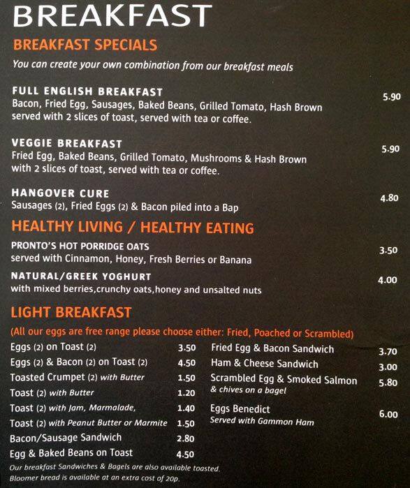 Menu at Cafe Pronto, London, 109-115 Blackfriars Rd
