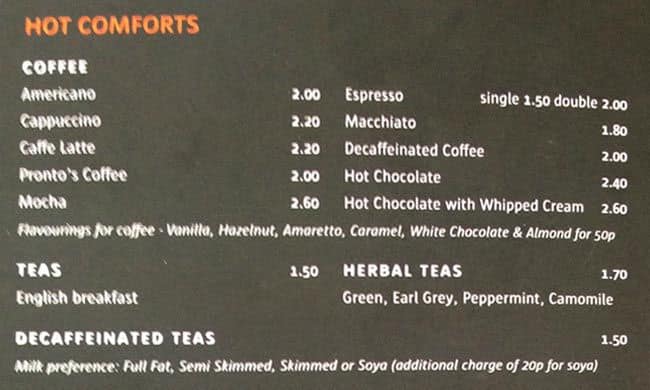 Menu at Cafe Pronto, London, 109-115 Blackfriars Rd