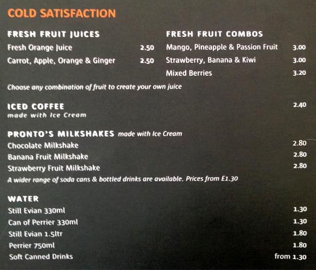Menu at Cafe Pronto, London, 109-115 Blackfriars Rd