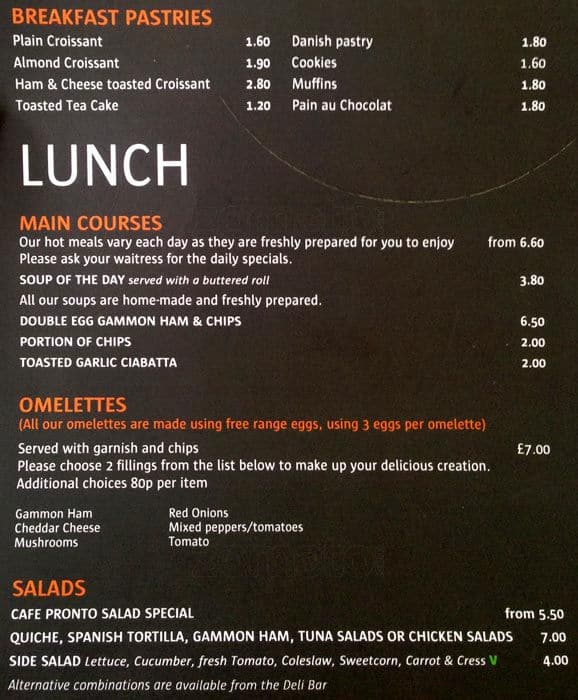 Menu at Cafe Pronto, London, 109-115 Blackfriars Rd