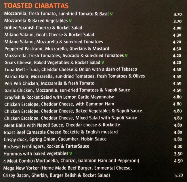 Menu at Cafe Pronto, London, 109-115 Blackfriars Rd
