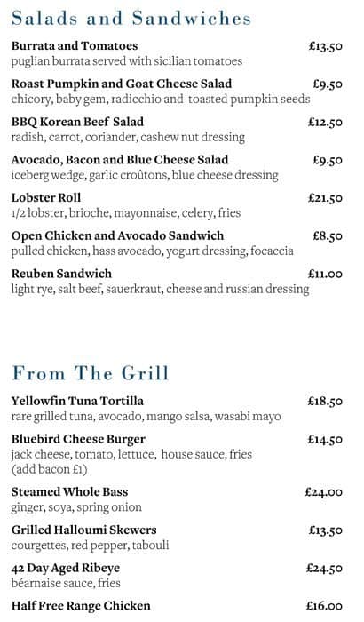 Menu at Bluebird Restaurant, London