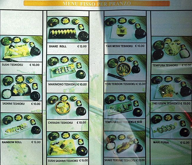 Menu at Mitsui restaurant, Milan, Via Carlo Farini